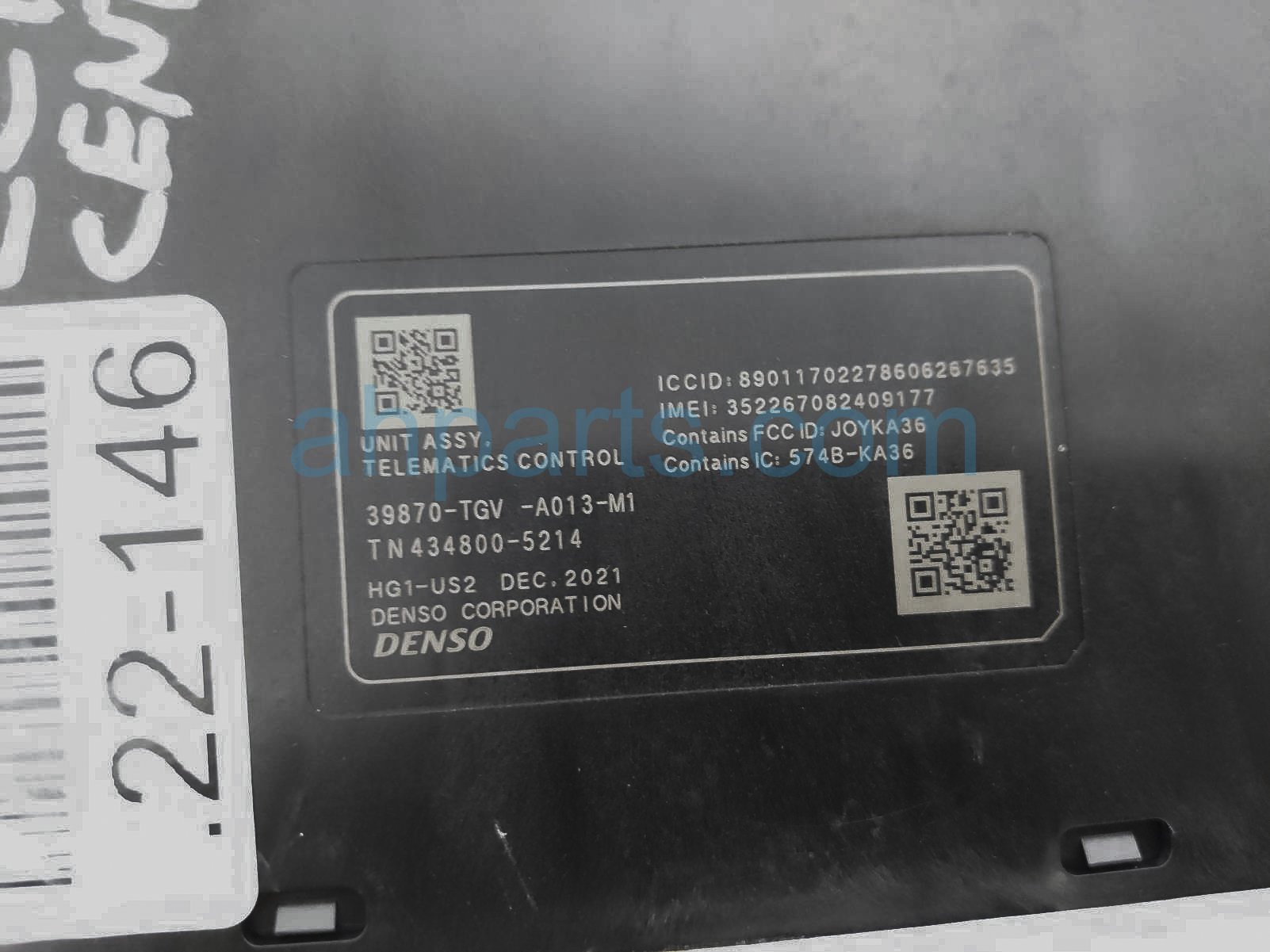 Sold 2022 Acura TLX Telematics Control Unit - Tech 2.0 39870-TGV-A01,